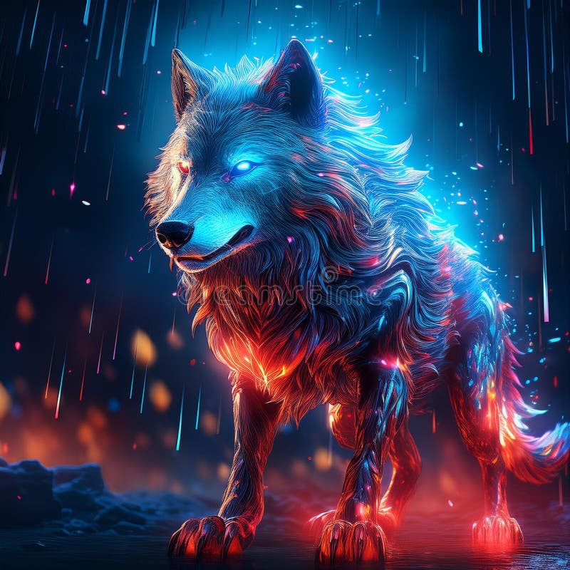 Powerful Glowing Wolf with Blue and Red Sparks Stock Illustration ...