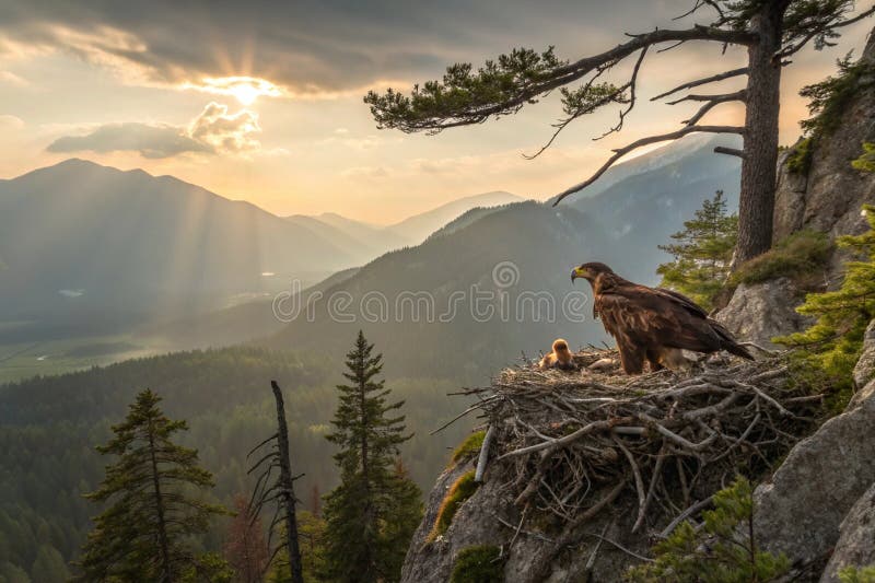 Protective Eagle Watches Over Nest at Sunrise Stock Illustration ...