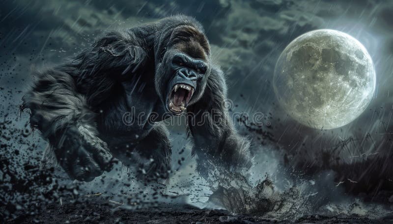 A Powerful Gorilla Charging through Rain-soaked Terrain Under a Full ...