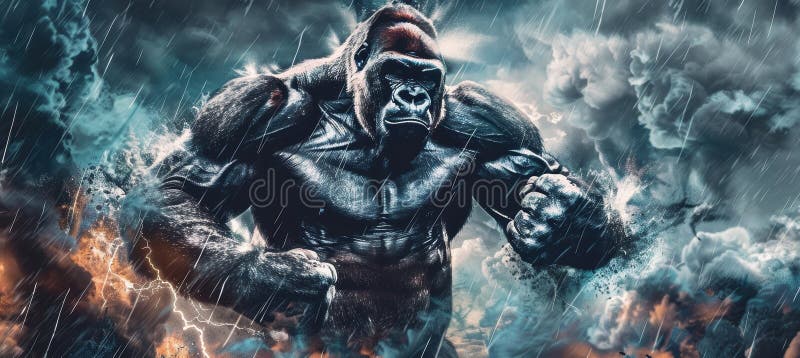 Fierce Gorilla Displaying Raw Strength Amidst Thunderstorm for Dynamic ...