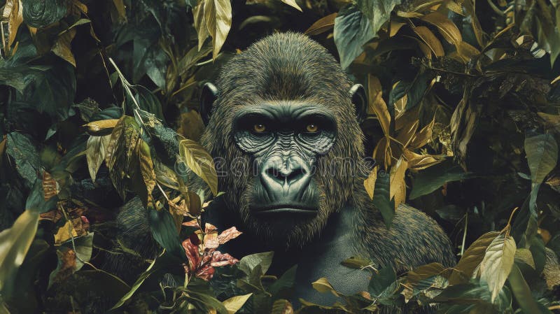 Powerful Gorilla Hidden in Dark Green Jungle Foliage Stock Illustration ...