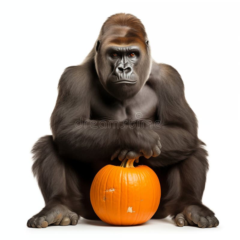 Powerful Gorilla Holding an Orange Pumpkin with Serious Expression on ...