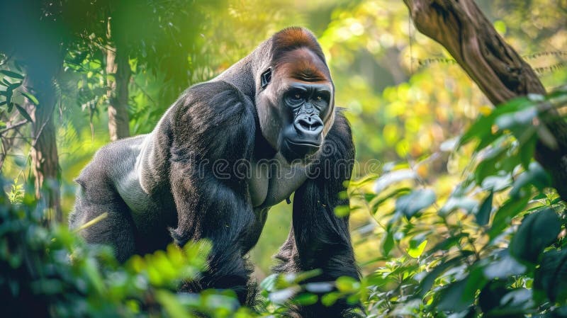 Powerful Gorilla in Dense Forest Stock Photo - Image of primate ...