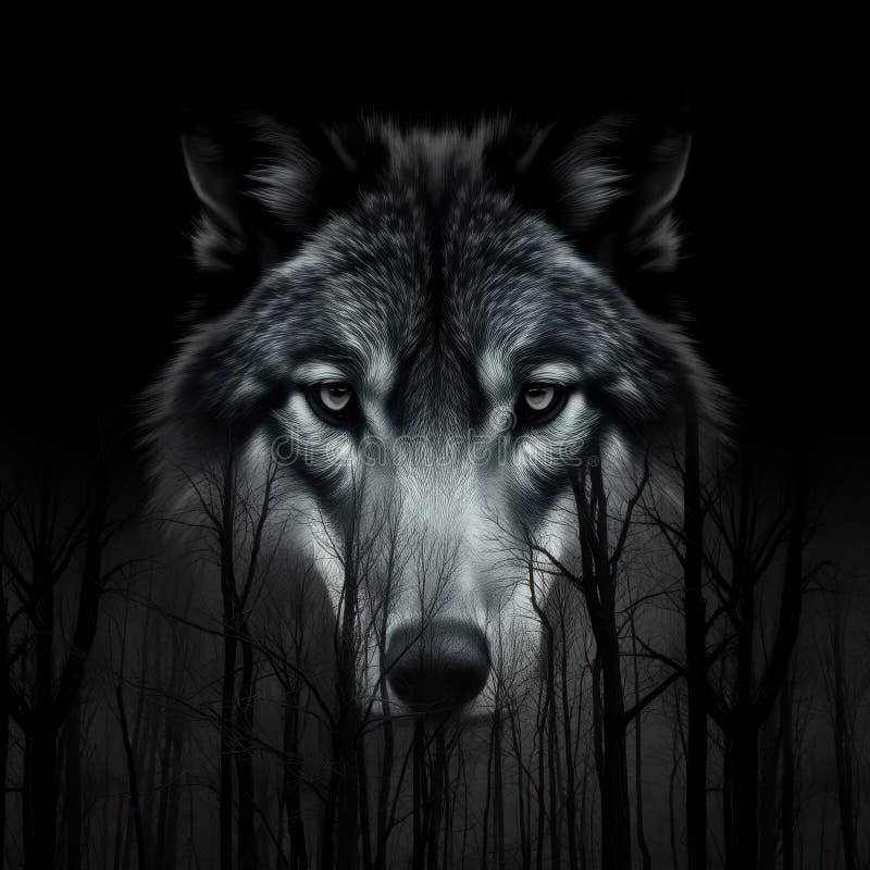 Wolf S Intense Gaze through a Dark Forest. a Captivating Monochrome ...