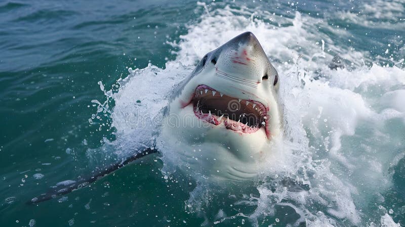 A Powerful Great White Shark Carcharodon Carcharias Breaching the Ocean ...