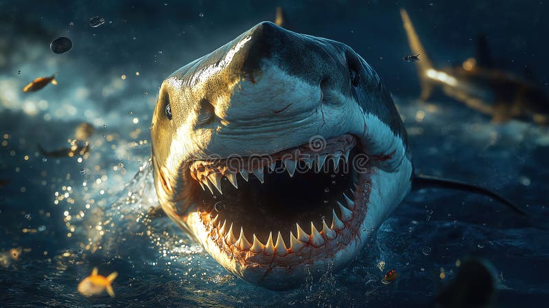 Powerful Great White Shark Emerges from Deep Ocean. Predatory Creature ...