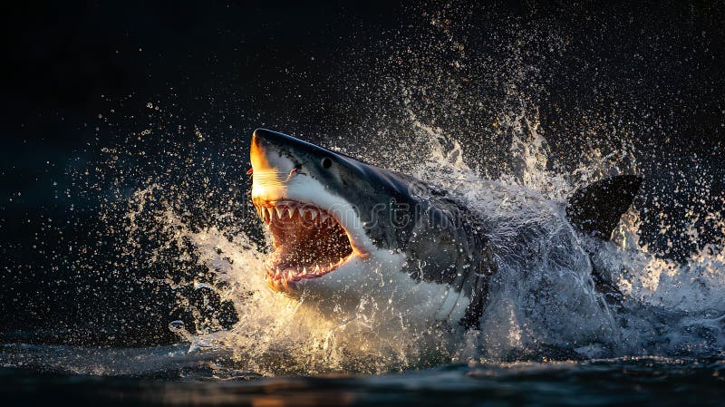 Powerful Great White Shark Leaps from Water with Open Jaws Stock ...