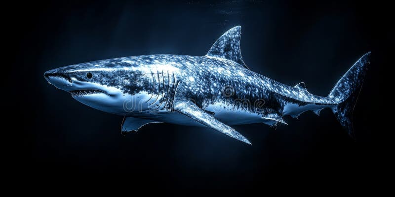 A Powerful Great White Shark in Profile with a Blue Hue Throughout the ...