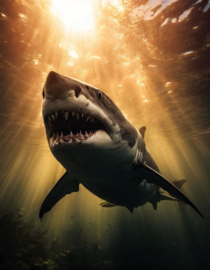 Ferocious Great White Shark Emerging from the Depths Stock Photo ...