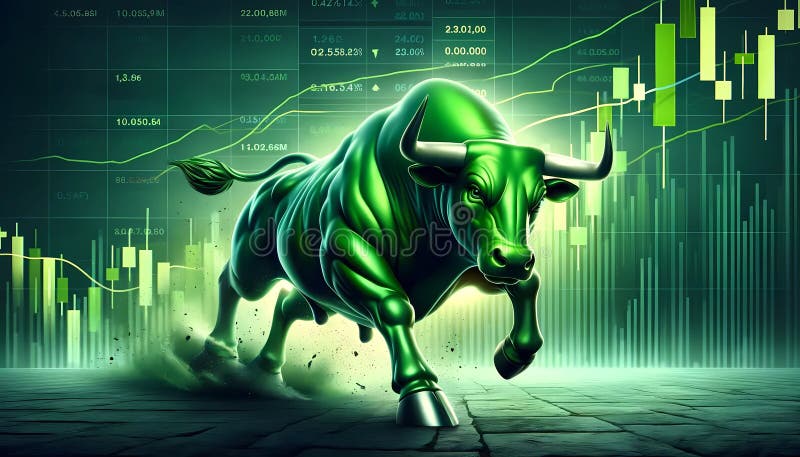 Powerful Green Bull Indicating a Bull Market Stock Illustration ...