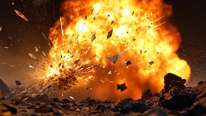Powerful Ground Explosion with Flying Debris and Bright Orange Fireball ...