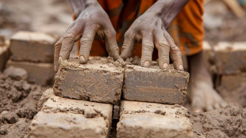 Powerful Hands Gently Pressing Bricks into Place Building a Solid ...