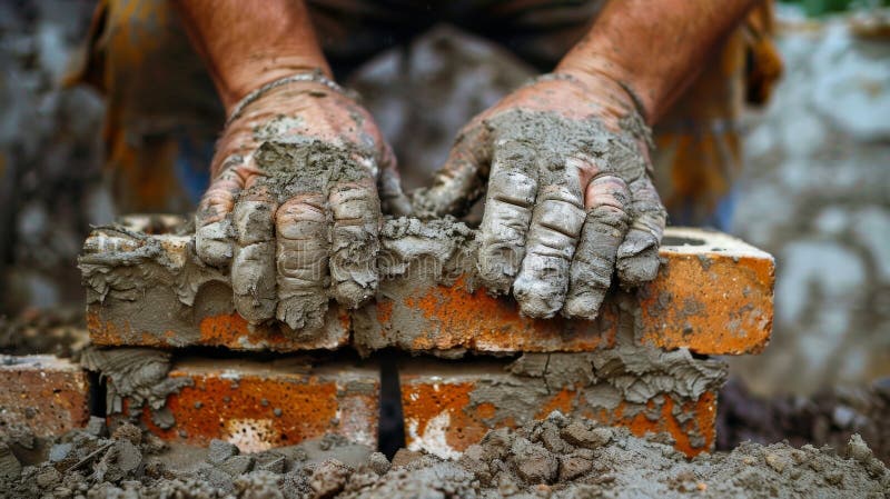 Powerful Hands Gently Pressing Bricks into Place Building a Solid ...