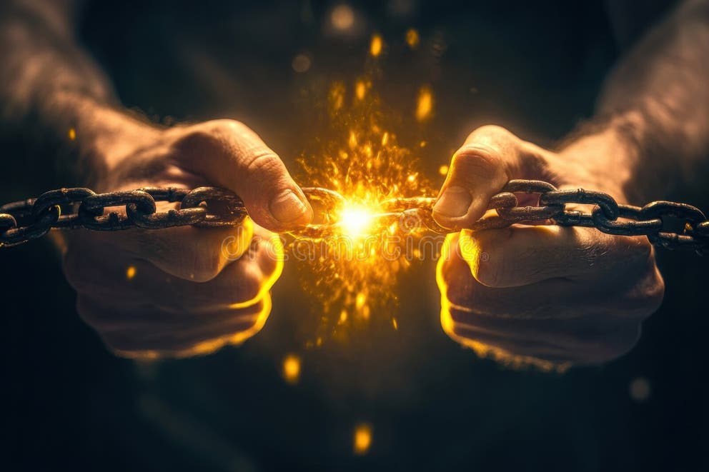 Strong Hands Breaking Chains with Sparks Flying during Dramatic Moment ...