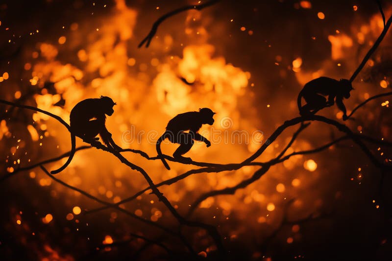 Silhouettes of Monkeys Escaping on Tree Branches As Raging Forest Fire ...