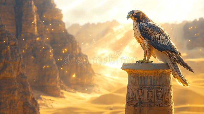 Hawk Perched on a High Stone Pillar, Symbolizing Horus, with the Vast ...