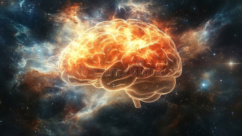 The Powerful Human Mind, a Glowing Brain in Outer Space with Stars and ...