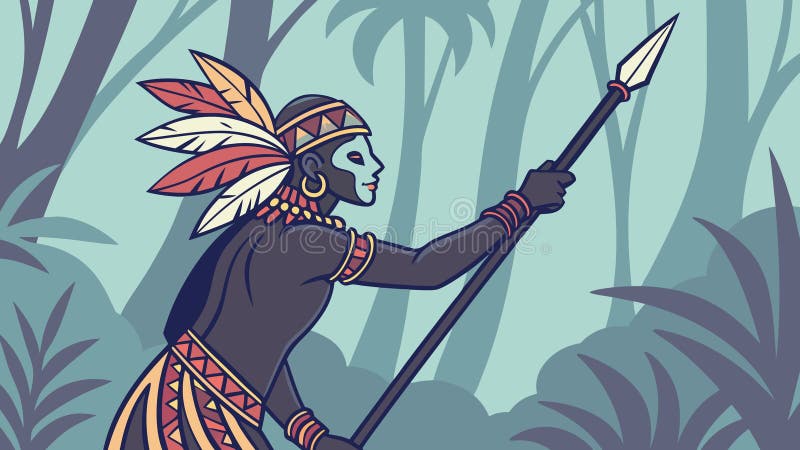 Native American Warrior with a Spear in a Forest Environment, Vector ...