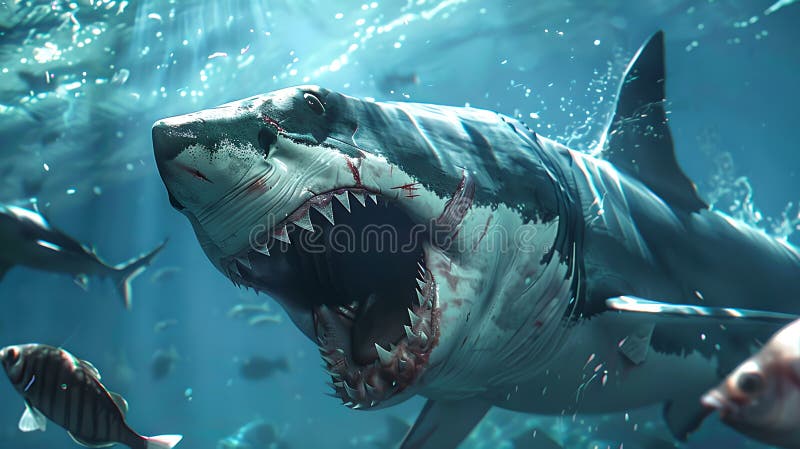 Aggressive Shark in Underwater Scene, Mouth Open Showing Sharp Teeth ...