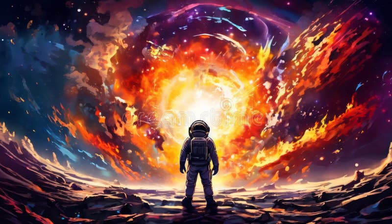 Astronaut Facing a Cosmic Explosion in a Surreal Space Scene Stock ...