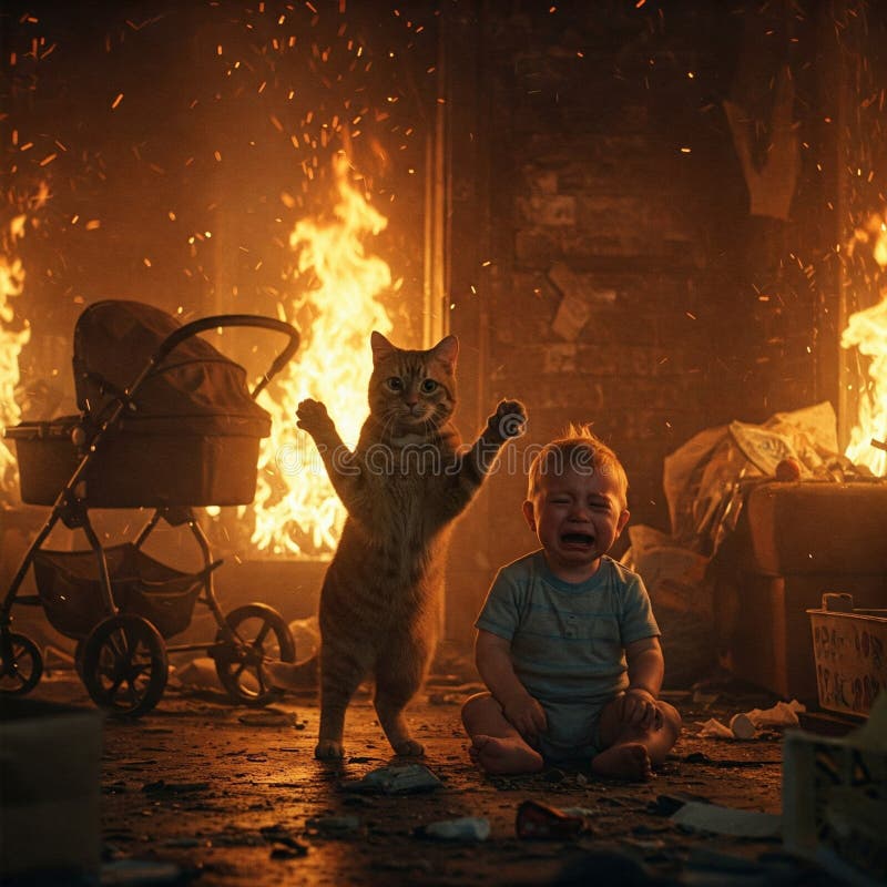 Protective Cat and Crying Baby Amidst House Fire Chaos Stock ...