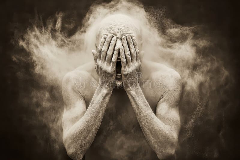 Emotionally Charged Expression of Pain with Dust and Darkness Stock ...