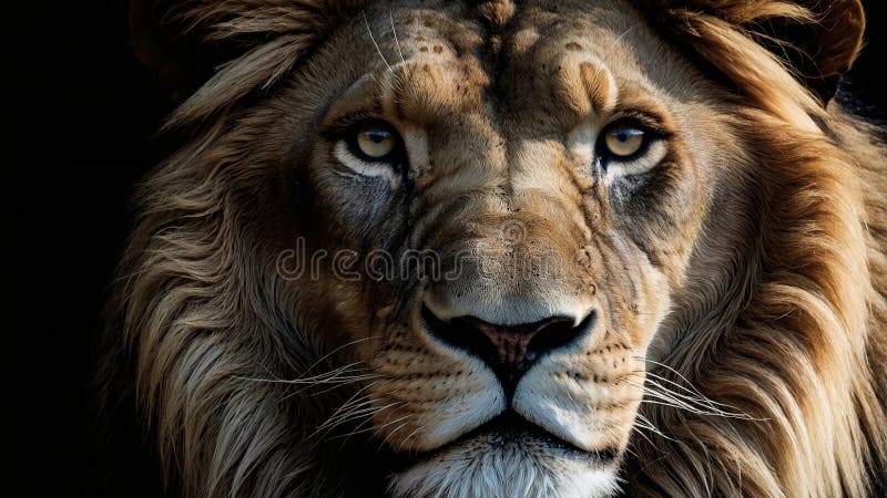 Close-up Portrait of a Majestic Lion with Intense Eyes, Dark Mane, and ...