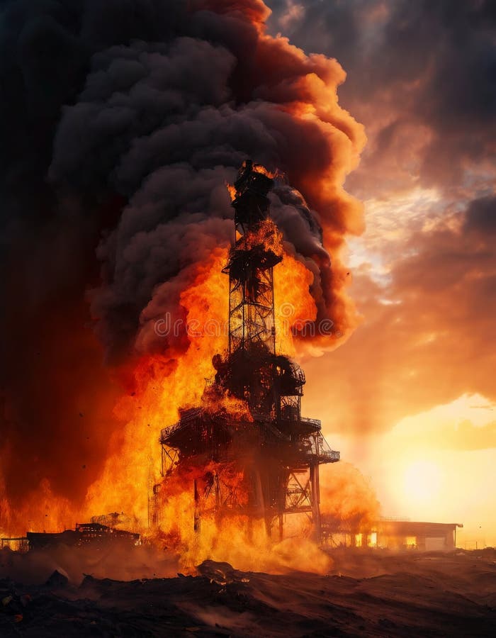 Oil Rig Explosion Engulfed in Flames with Thick Smoke Stock Photo ...
