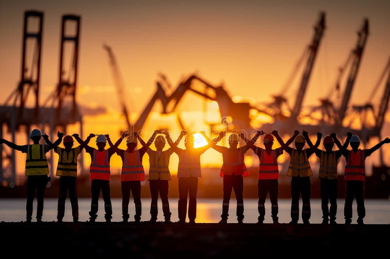 Construction Workers Standing in Line with Arms Raised Silhouetted ...