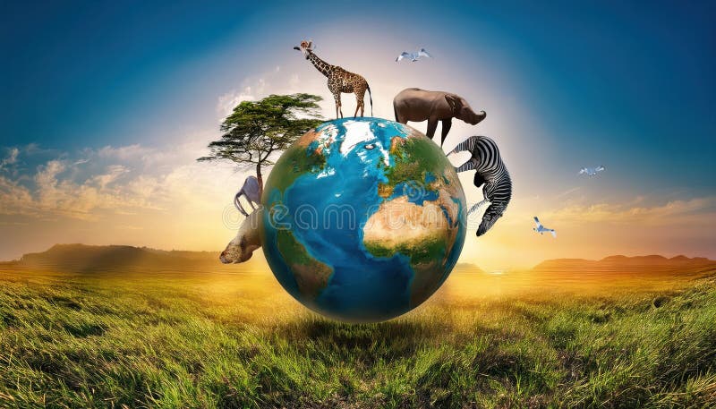 Earth DayWorld Wildlife Day Concept Vibrant Animal Gathering Around ...