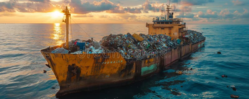 Ship Transporting Garbage in the Ocean at Sunset Stock Photo - Image of ...