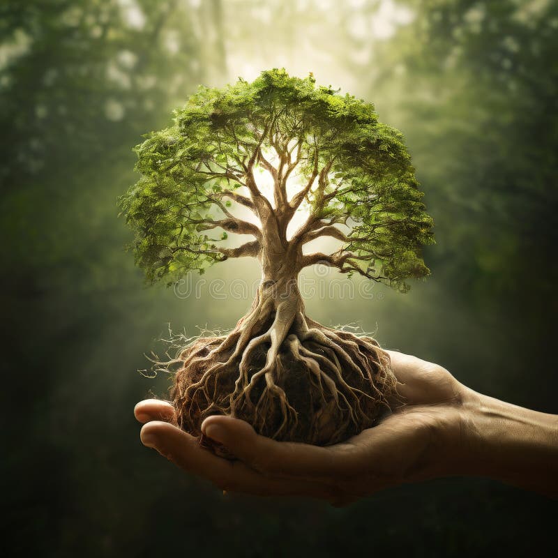 Hand Holding Small Tree with Roots in Forest Light Stock Photo - Image ...