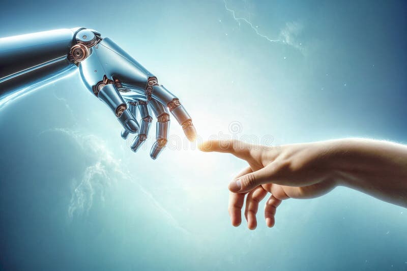 Human and Robot Hands Touching with Light Stock Illustration ...