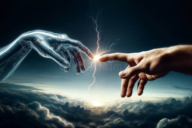 Human and Robot Hands Touching with Light Stock Illustration ...