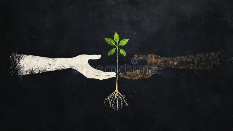 Collaborative Growth: Two Hands Nurturing a Young Plant with Visible Roots, Symbolizing ...