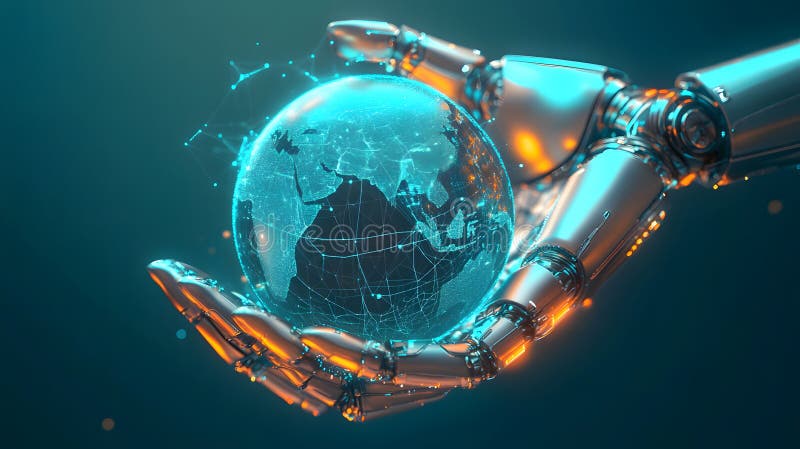 Robotic Hands Holding Glowing Global Network Stock Illustration ...
