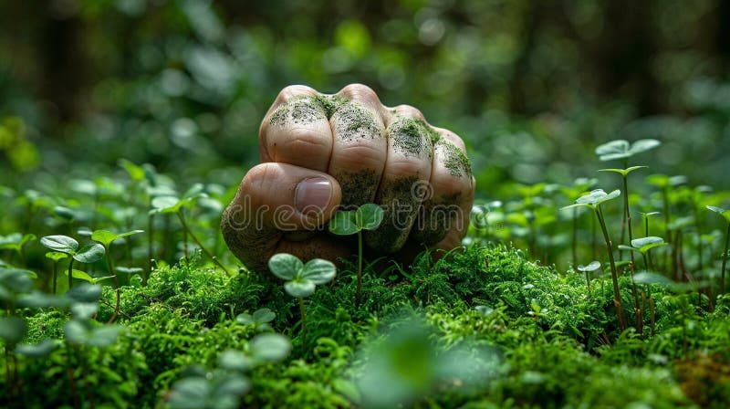 Human Hand Emerges from Moss, Symbolizing Nature S Struggle Stock Image ...