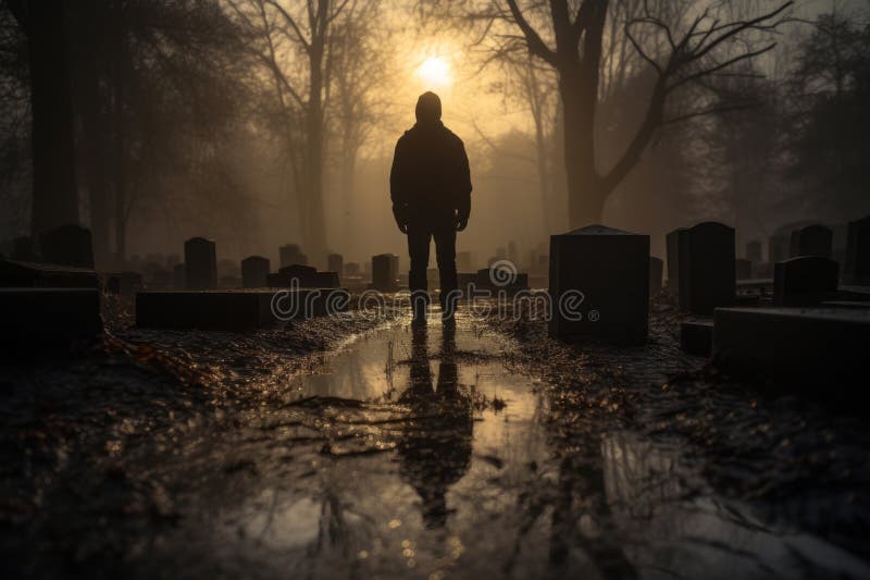 A Powerful Image of a Lone Figure Standing in Front of a Gravestone ...
