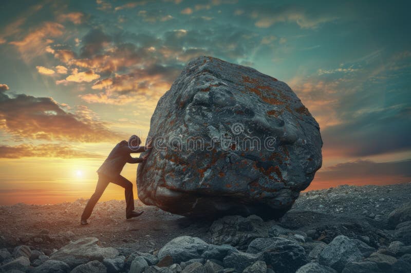 A Person Struggles Against a Large Rock at Sunset. this Image Captures ...
