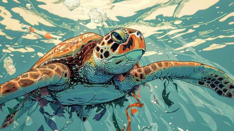 Struggling Sea Turtle: Fighting Plastic Pollution in the Ocean Stock ...