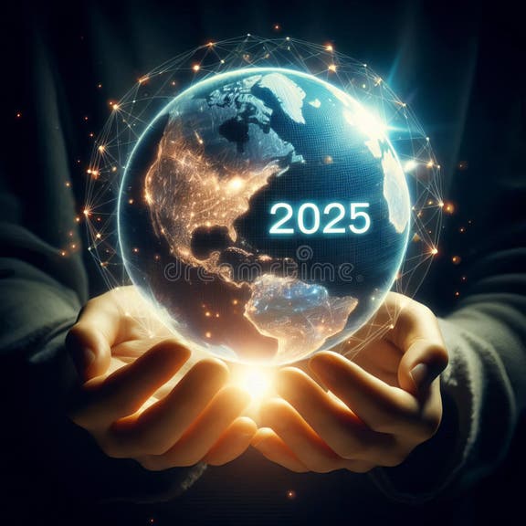 Hands Holding a Glowing 2025 Earth Globe with Network Connections Stock ...