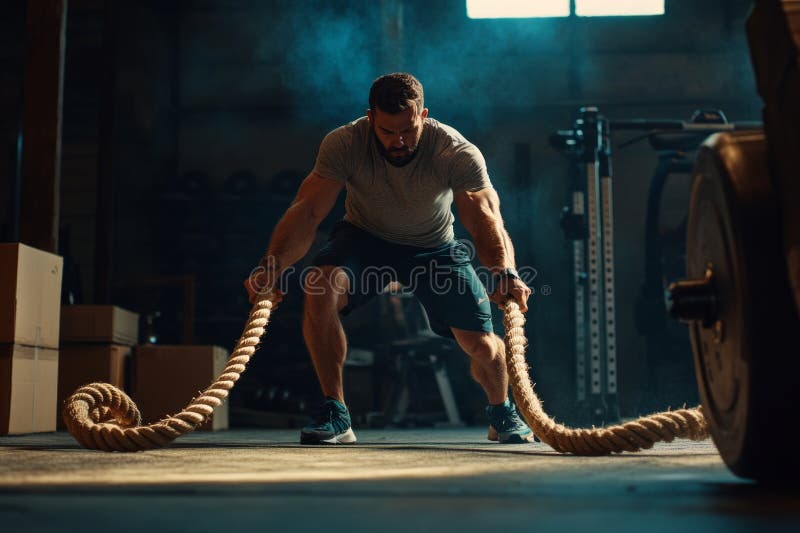 A Man Performing an Intense Workout Using Battle Ropes. the Image ...