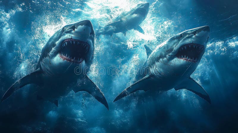 Powerful Image of Three Great White Sharks Swimming in the Deep Blue ...