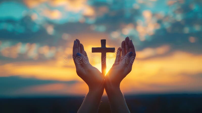 Divine Connection: Hands Holding Cross Against Heavenly Sky Background ...