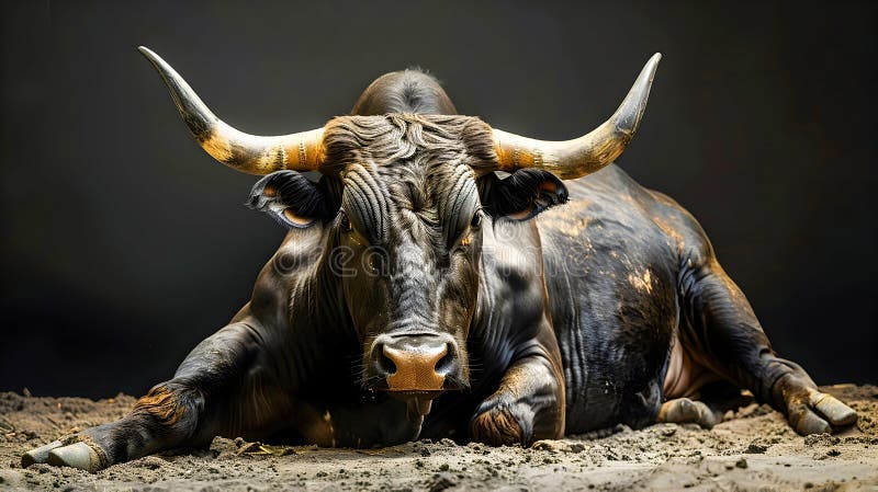 Powerful and Imposing Black Bull Resting in Dramatic Shadowy Studio ...