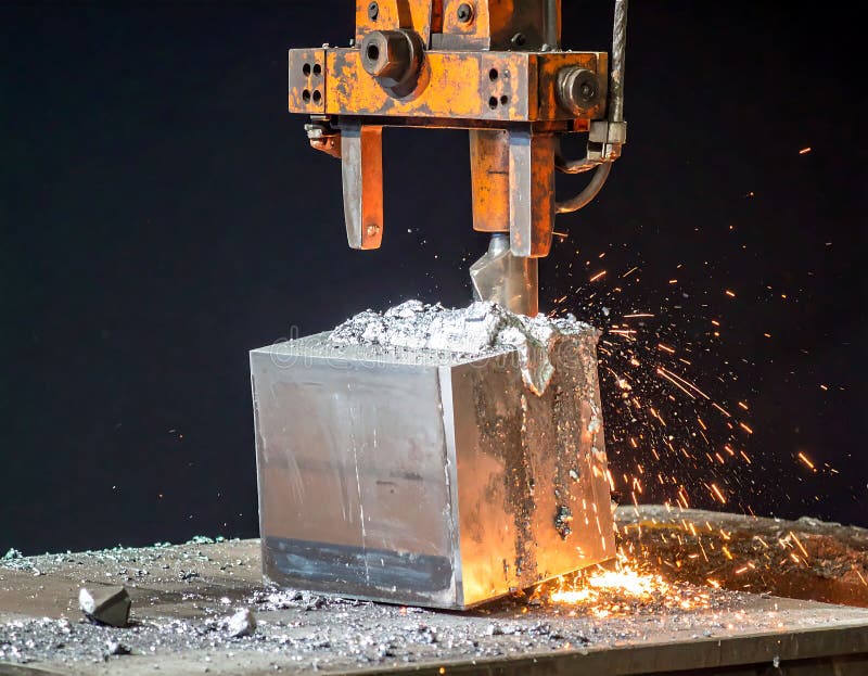 Powerful Industrial Machinery Cuts through Solid Metal, Sending Sparks Flying. Evokes Strength ...