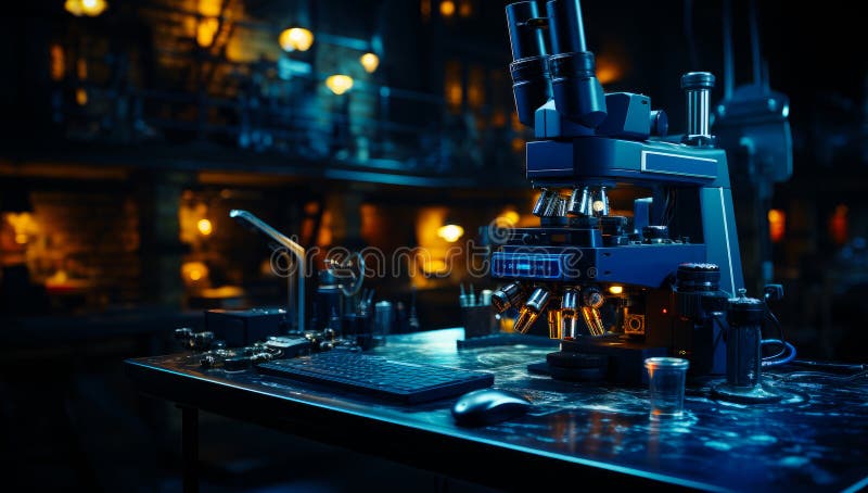 Powerful Innovative Microscope on the Table in the Lab. Computer ...