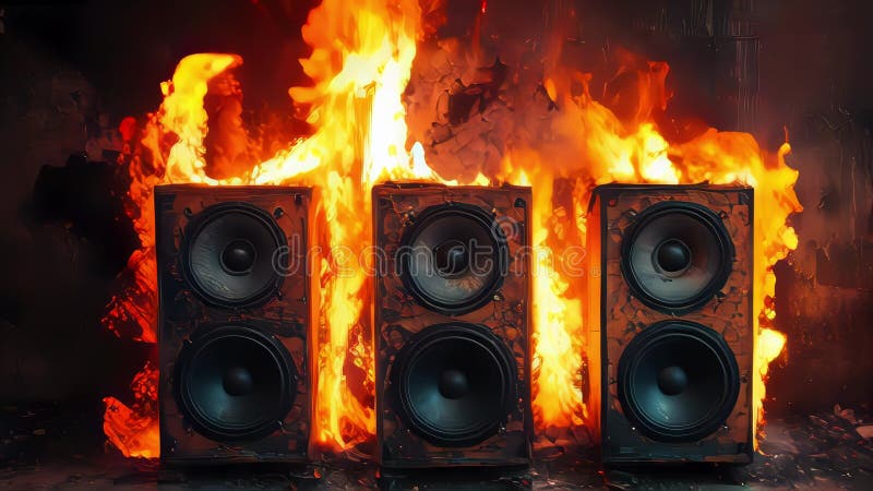 Three Large Speakers Engulfed in Flames in a Dramatic Setting Stock ...