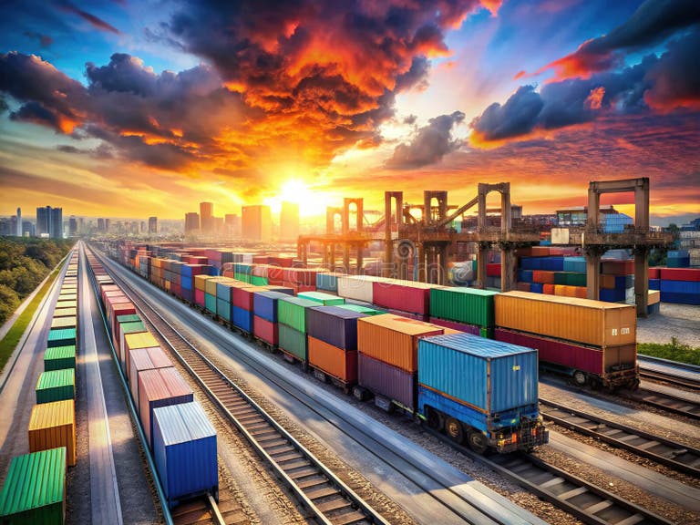 Powerful Intermodal Freight Train at a Busy Container Terminal ...