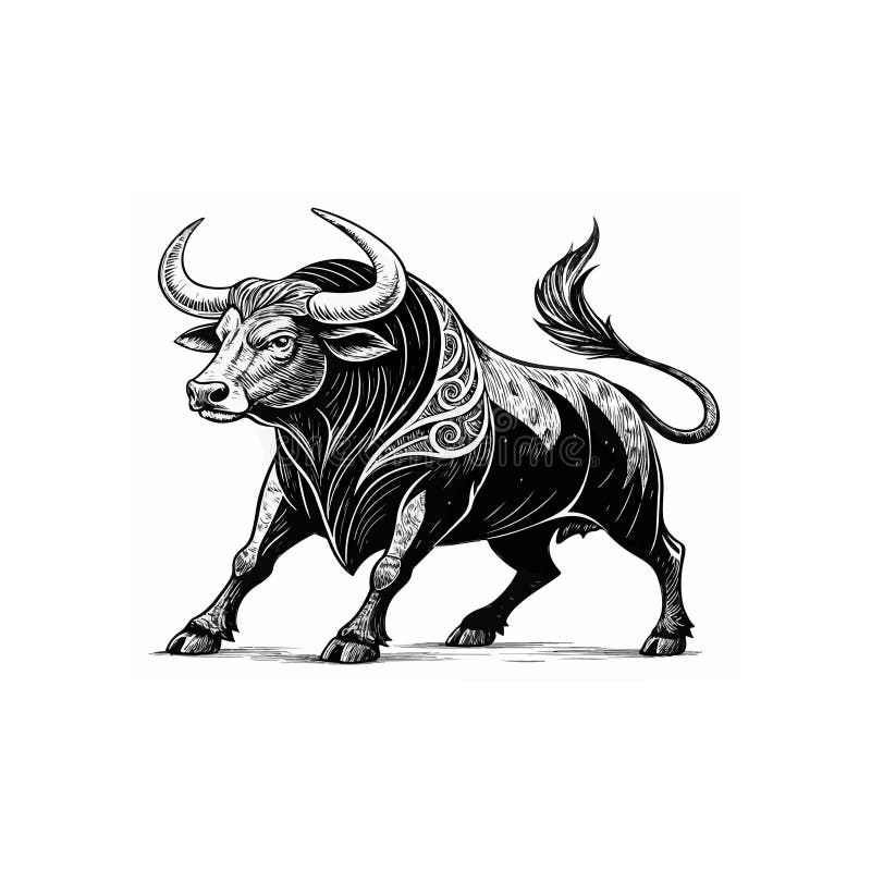Black-and-white Illustration of a Bull, Featuring Bold, Lines and ...